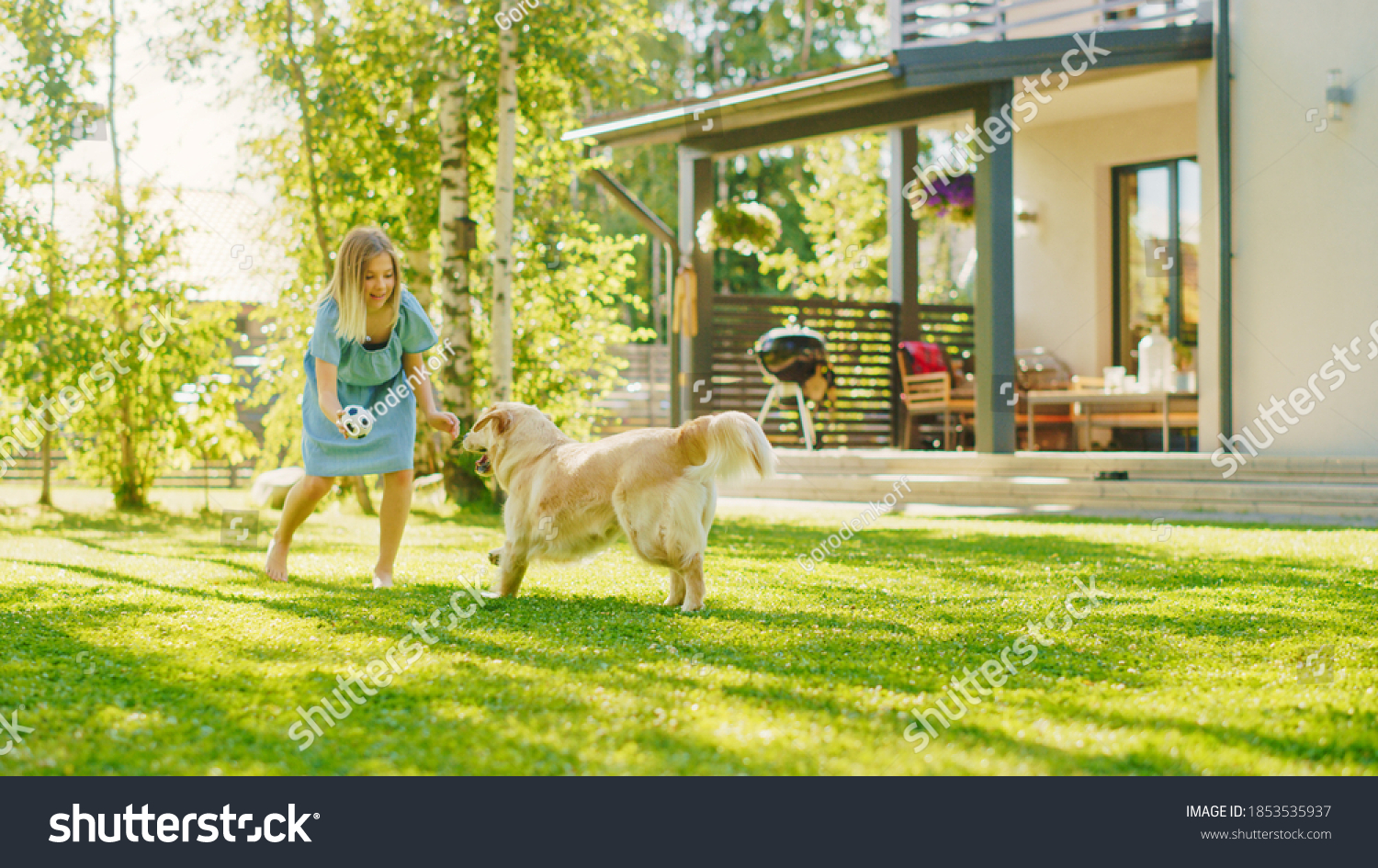 Cute Girl Has fun with Happy Golden Retriever Dog on the Backyard Lawn. She Plays Fetch with ...