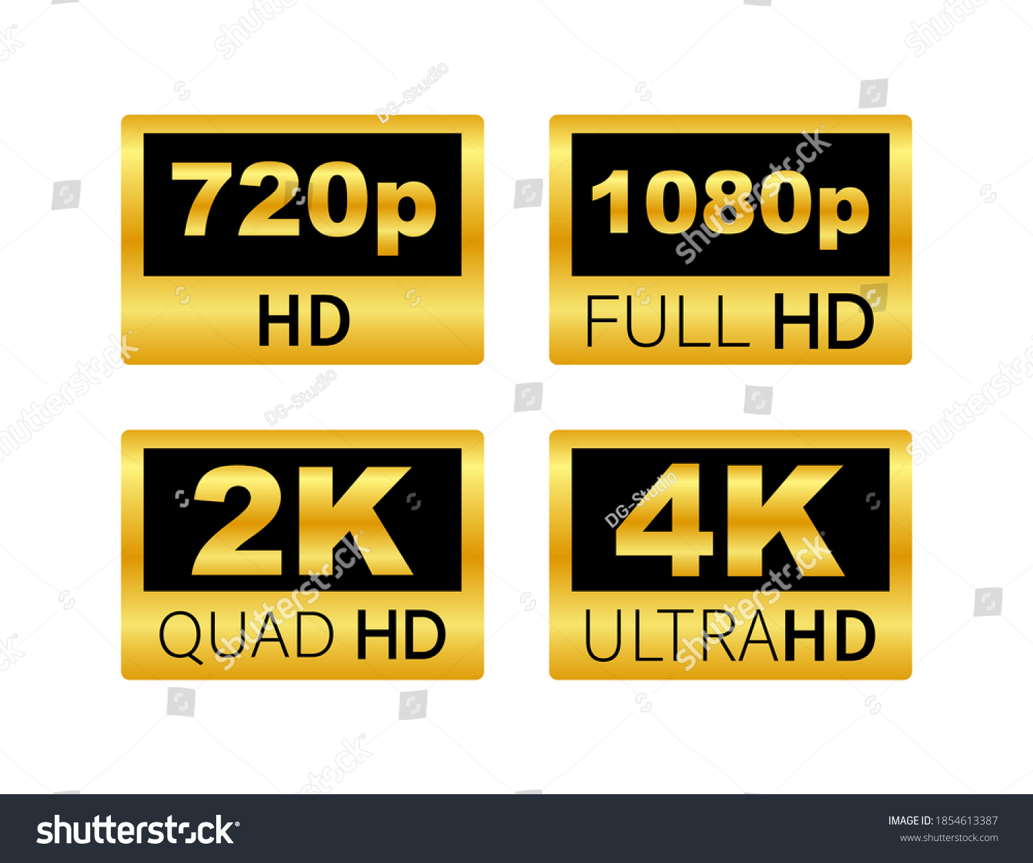 Video dimension labels. Video resolution 720 1080 2k 4k badges. Quality ...