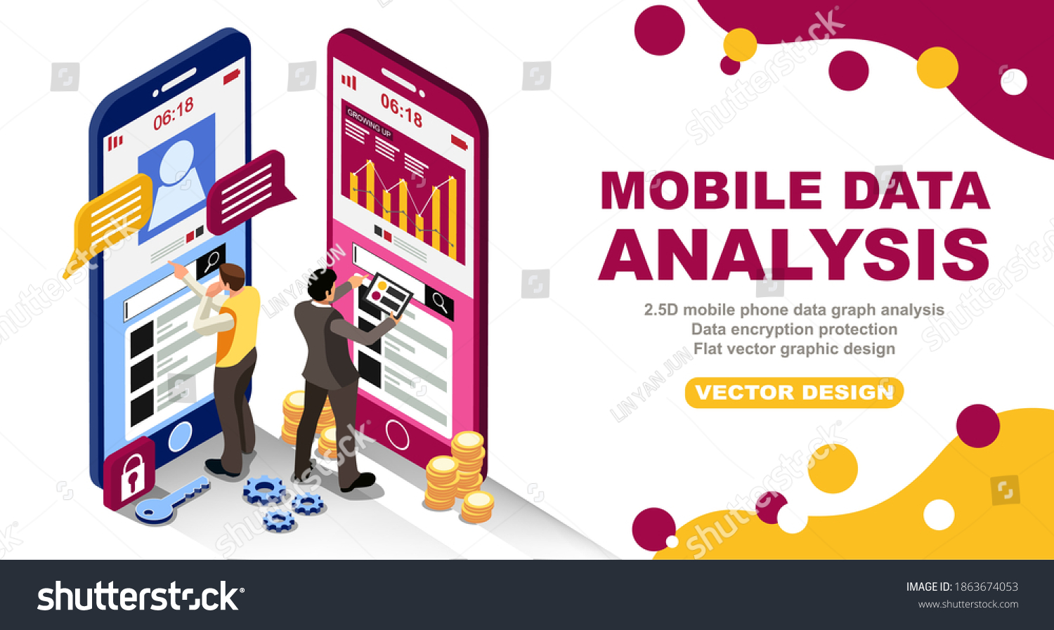 2.5D mobile phone data graph analysis data encryption protection flat ...