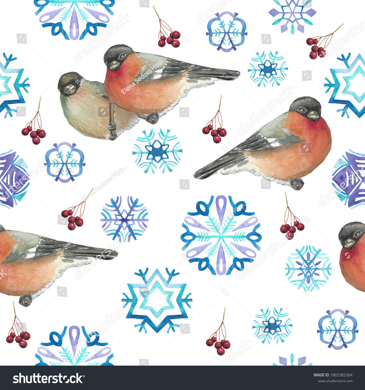 Watercolor seamless pattern with snowflakes and bullfinches on a white background. Can be used ...