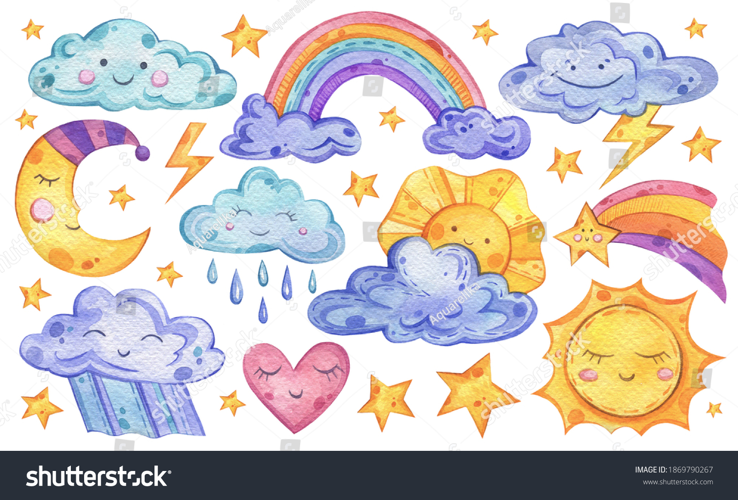 Watercolor hand painted cute weather set. Clouds sun rain rainbow moon ...