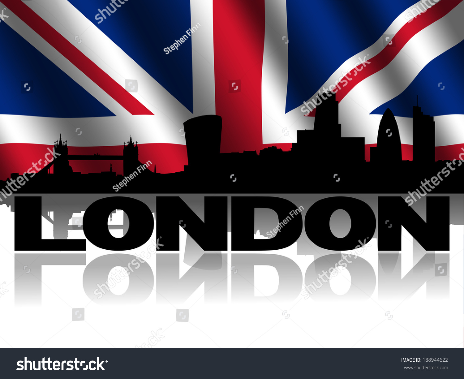 London skyline and text reflected with rippled British flag ...
