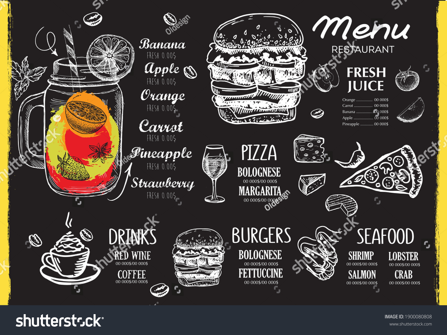 Brochure Restaurant menu template design. Food flyer. Hand-drawn style ...
