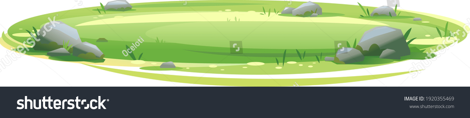 Empty green lawn with grass and stones isolated summer sunny oval glade ...