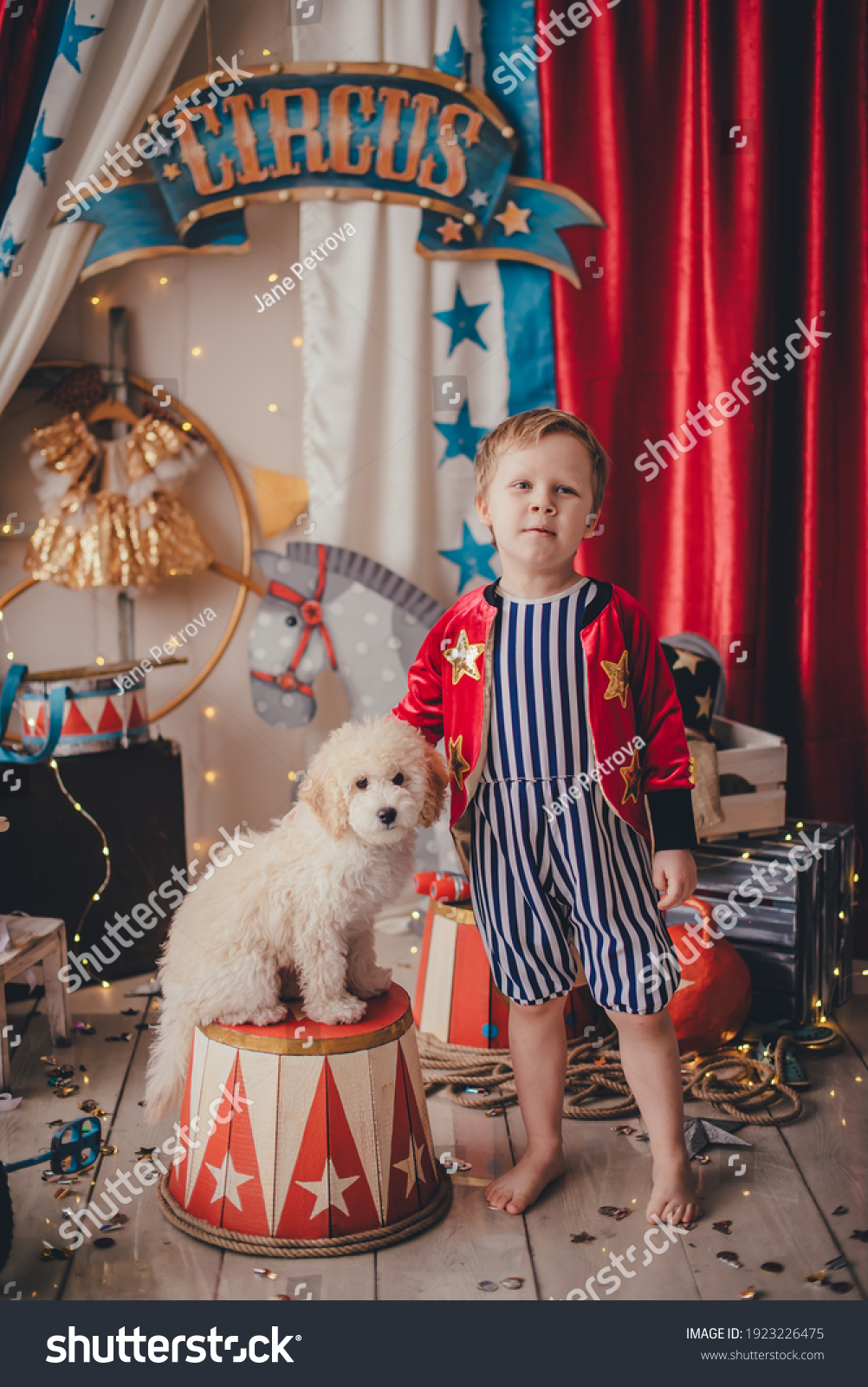 White boy in a circus costume of a trainer. White poodle puppy ...