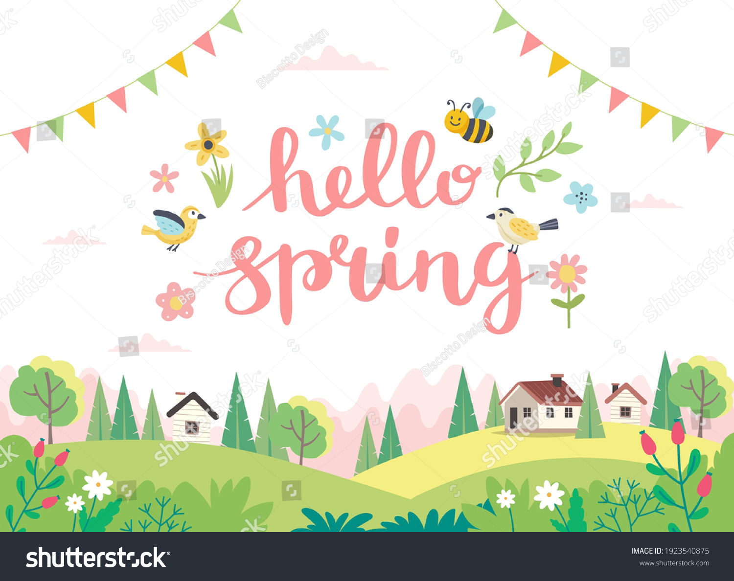 Hello spring card with lettering and cute landscape. Hand drawn flat ...