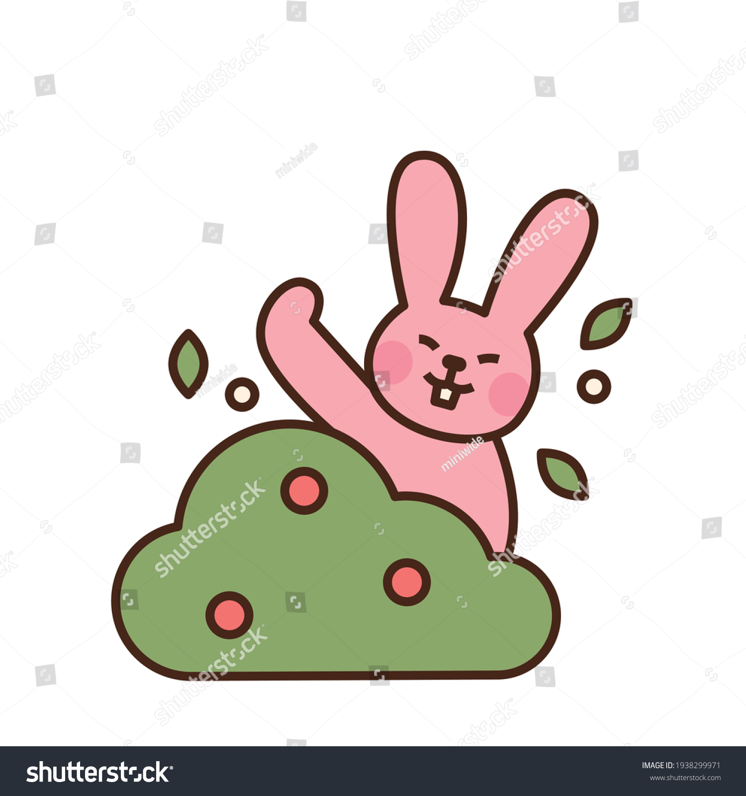 Cute easter bunny character. A rabbit protruding from the bush greets ...