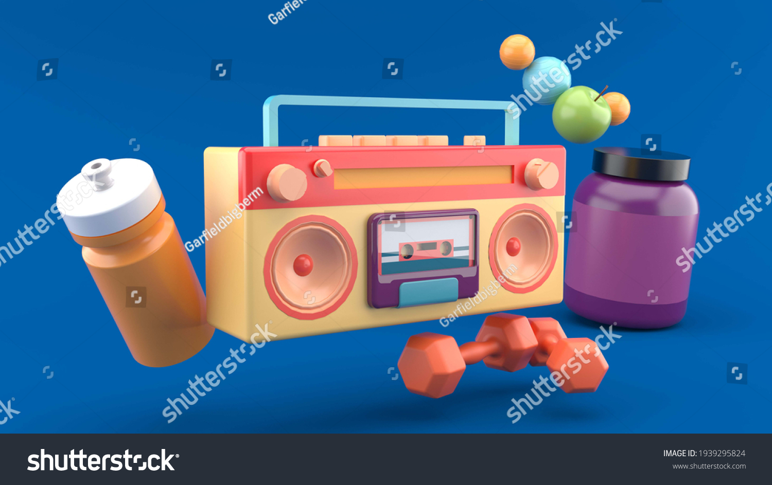 Big Boom Box radio is surrounded by exercise water bottles dumbbells ...