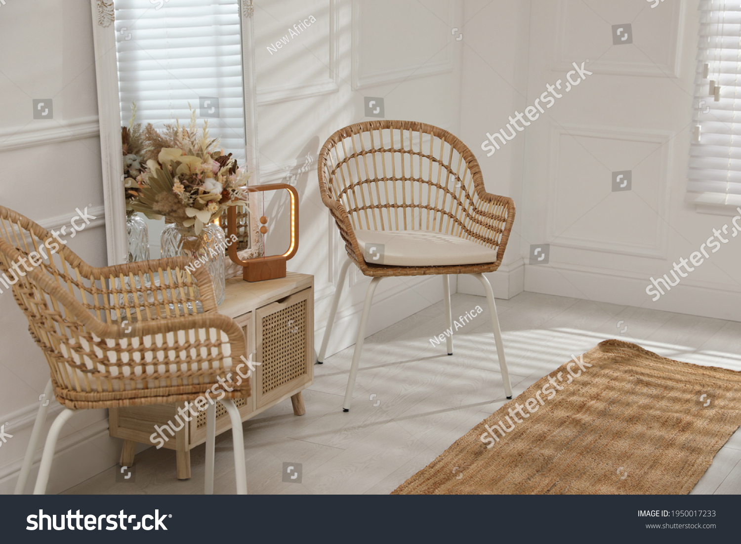 Living room interior with wooden commode mirror and wicker chairs_站酷海洛 ...