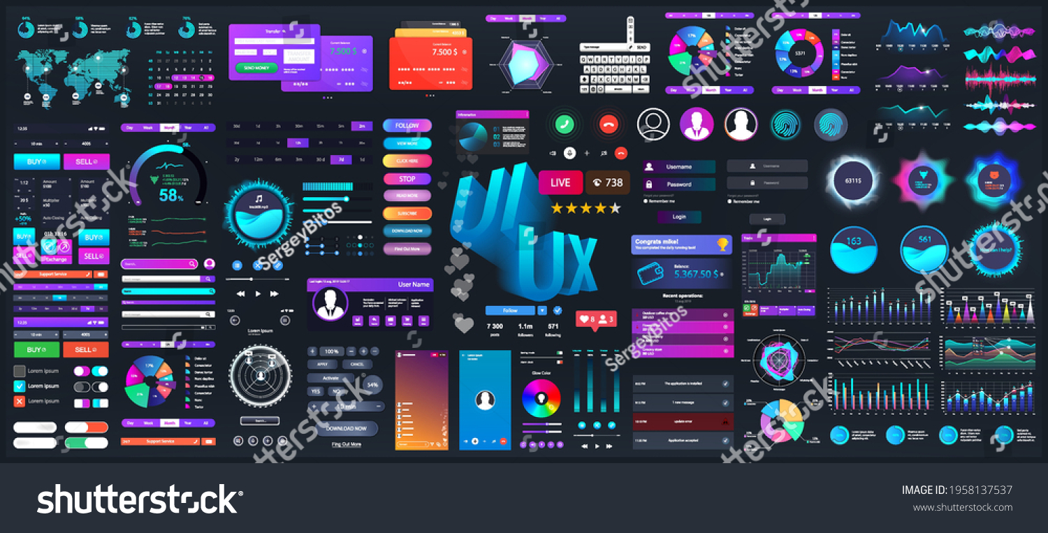 Dark set elements user interface. Universal collection for Web UI UX and KIT. Colorful interface ...
