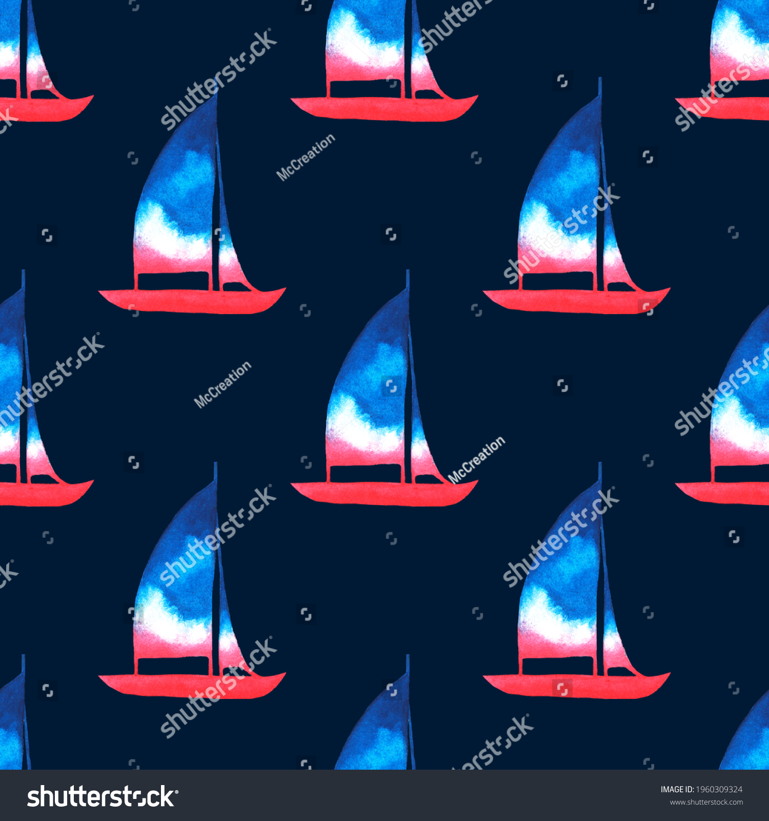 Samless pattern of watercolor illustrations with blue silhouette of ...