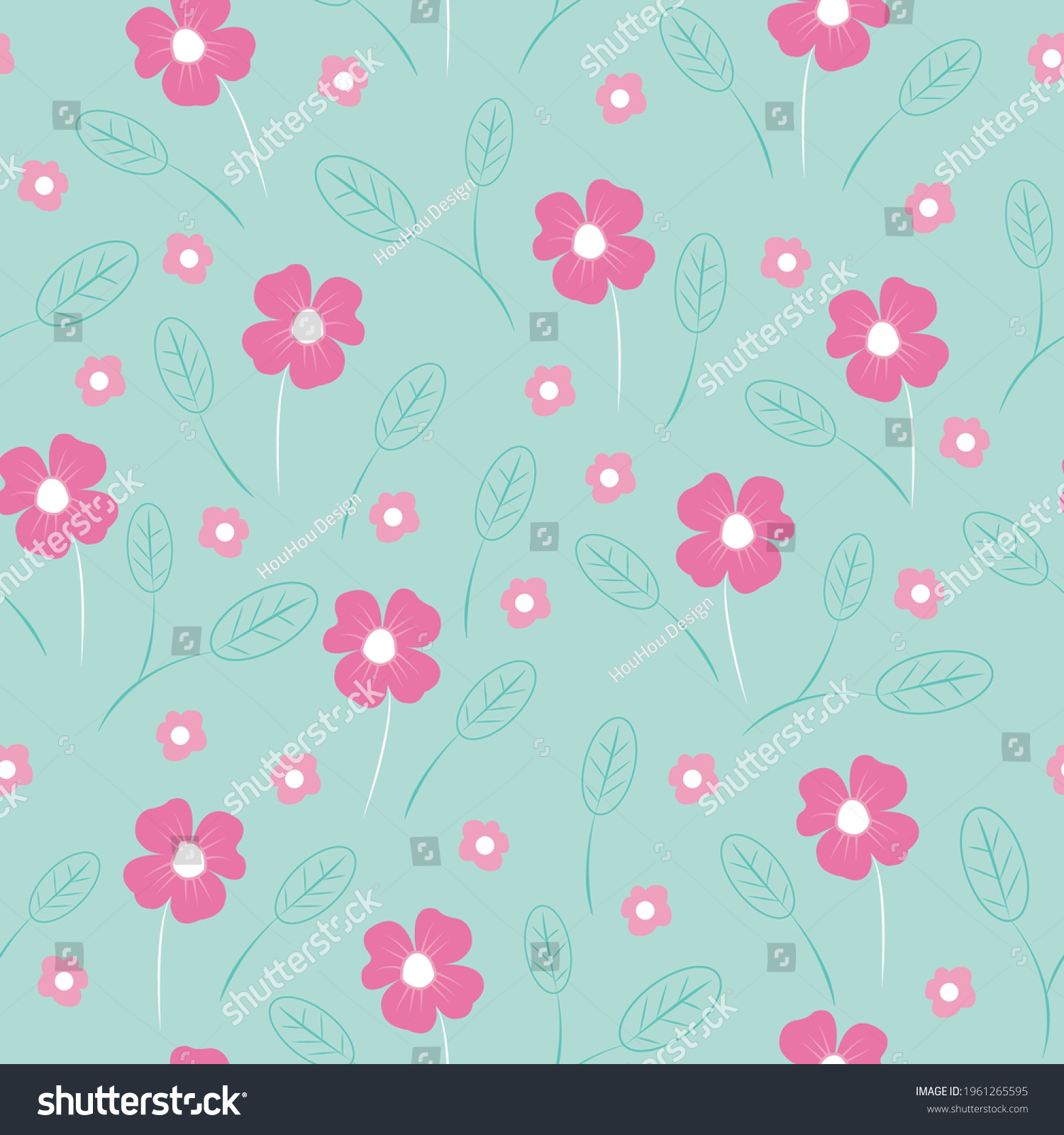 Pink and turquoise flowers vector repeat pattern. Designed by Houhou ...