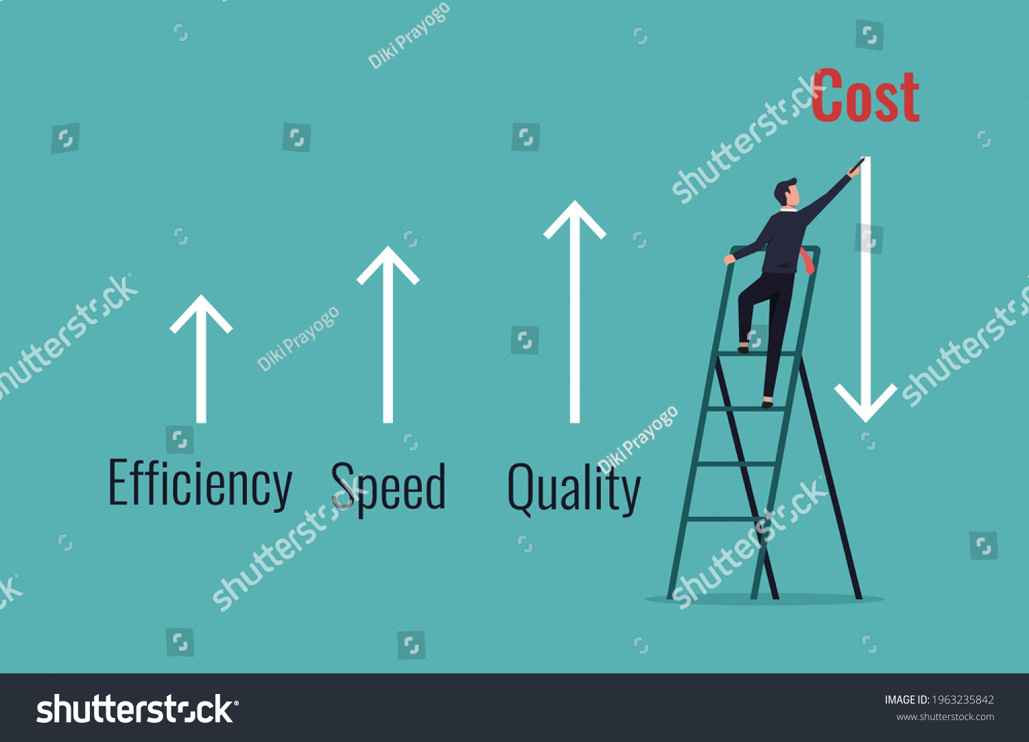 Businessman drawing arrow lines decrease cost compare with increase efficiency speed and quality ...