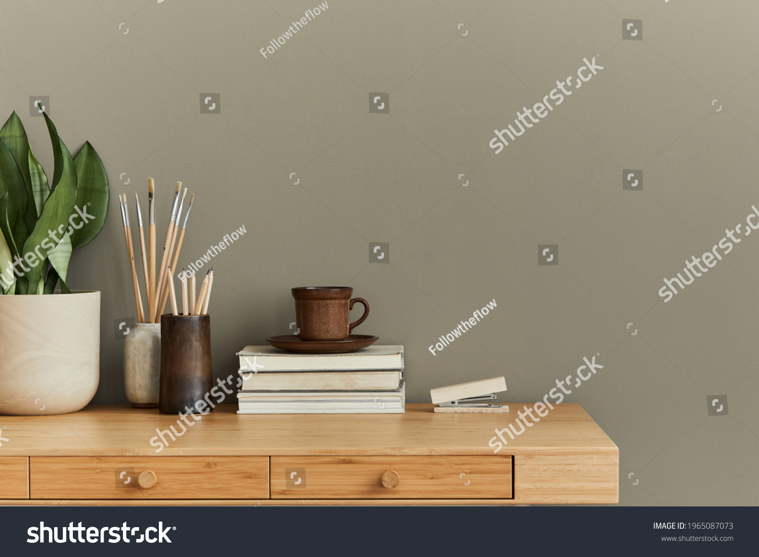 Interior design of neutral bohemian living room interior with stylish ...