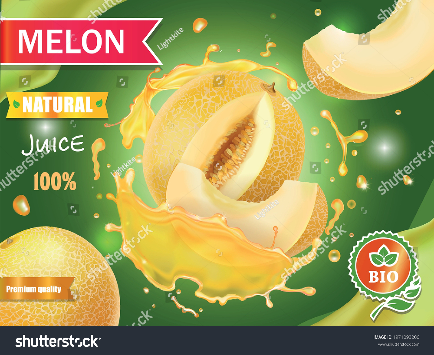 Melon juice advertising Honeydew melon whole and slice in juice splash ...