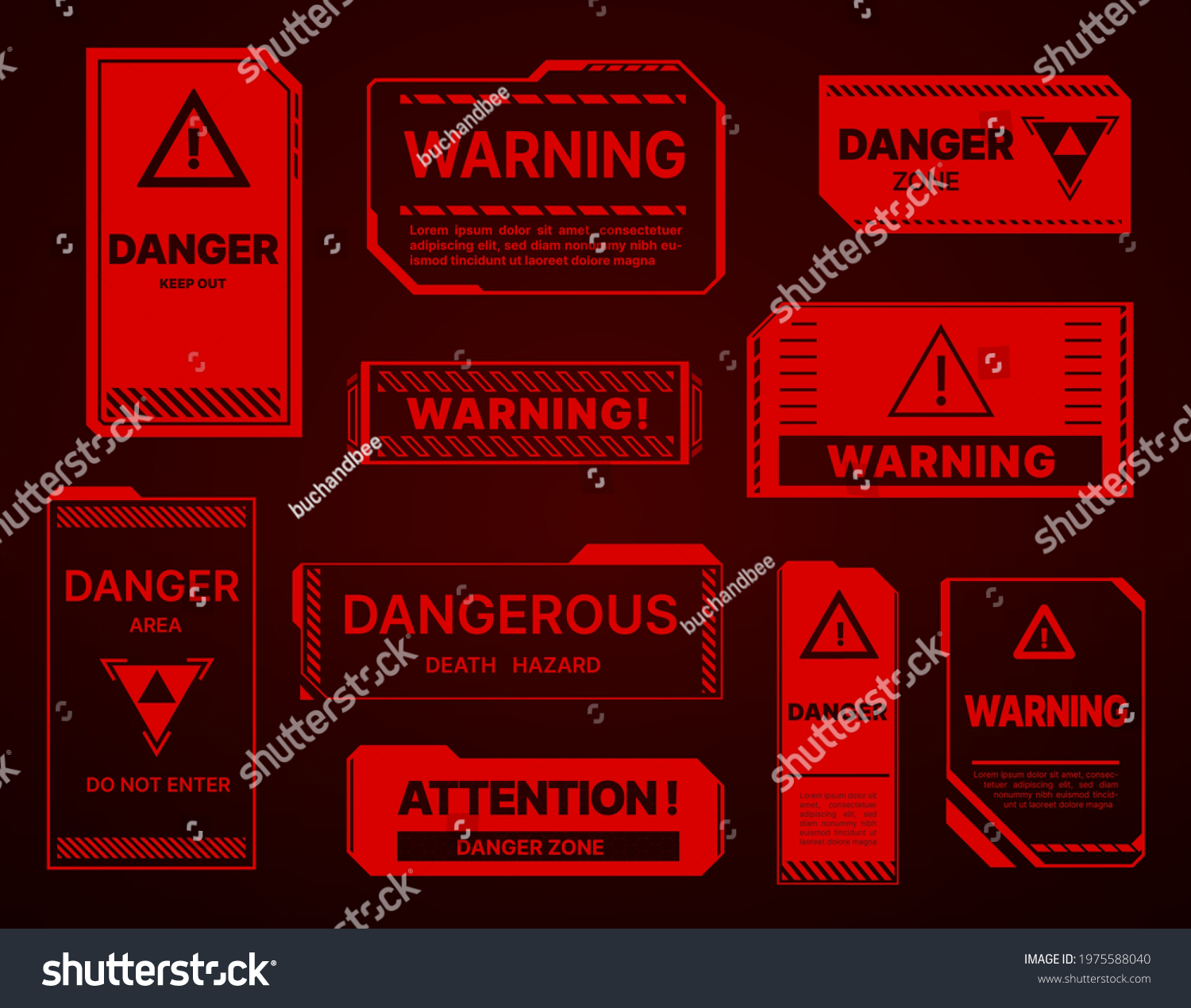 HUD danger zone warning and alert attention red signs. Vector caution ...