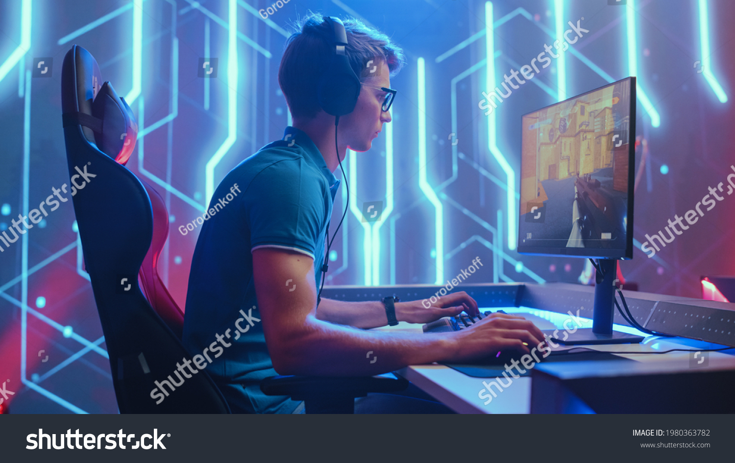 Professional eSports Gamer Plays Mock-up 3D First Person Shooter Video ...