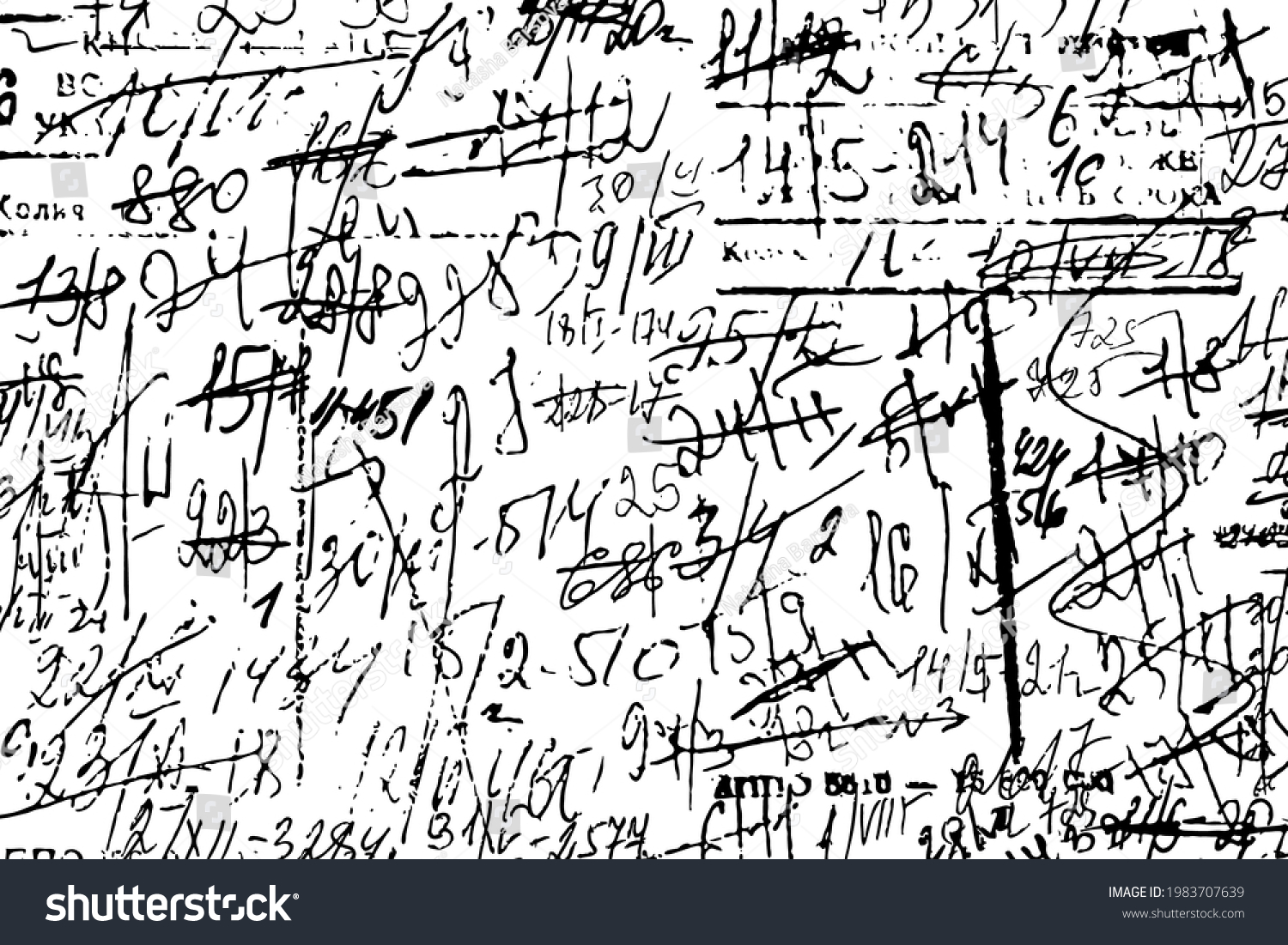 Grunge texture of illegible sloppy notes with calculations and smudges ...