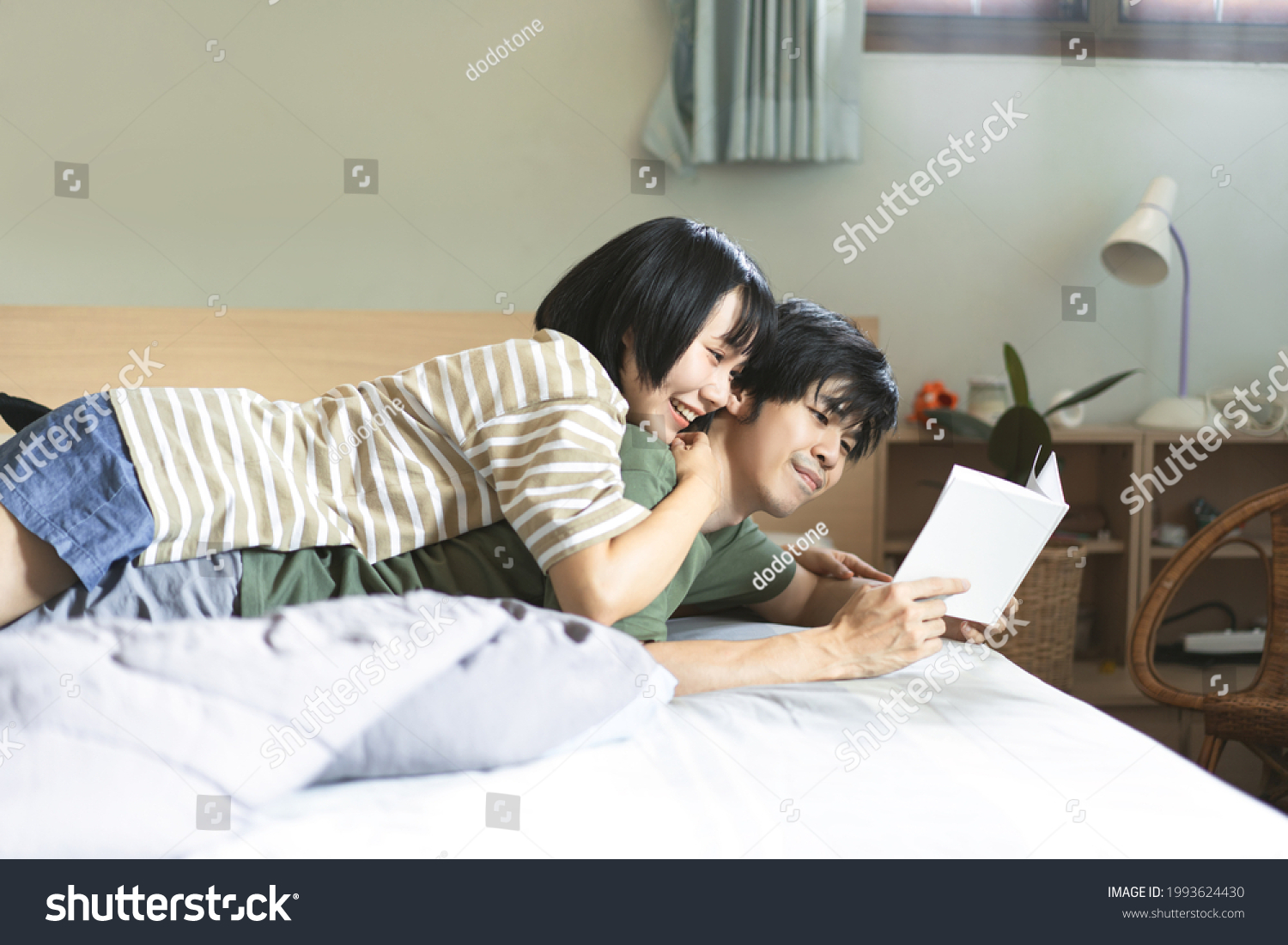 Young adult asian lover couple together living at home concept. Happy smile people in domestic ...