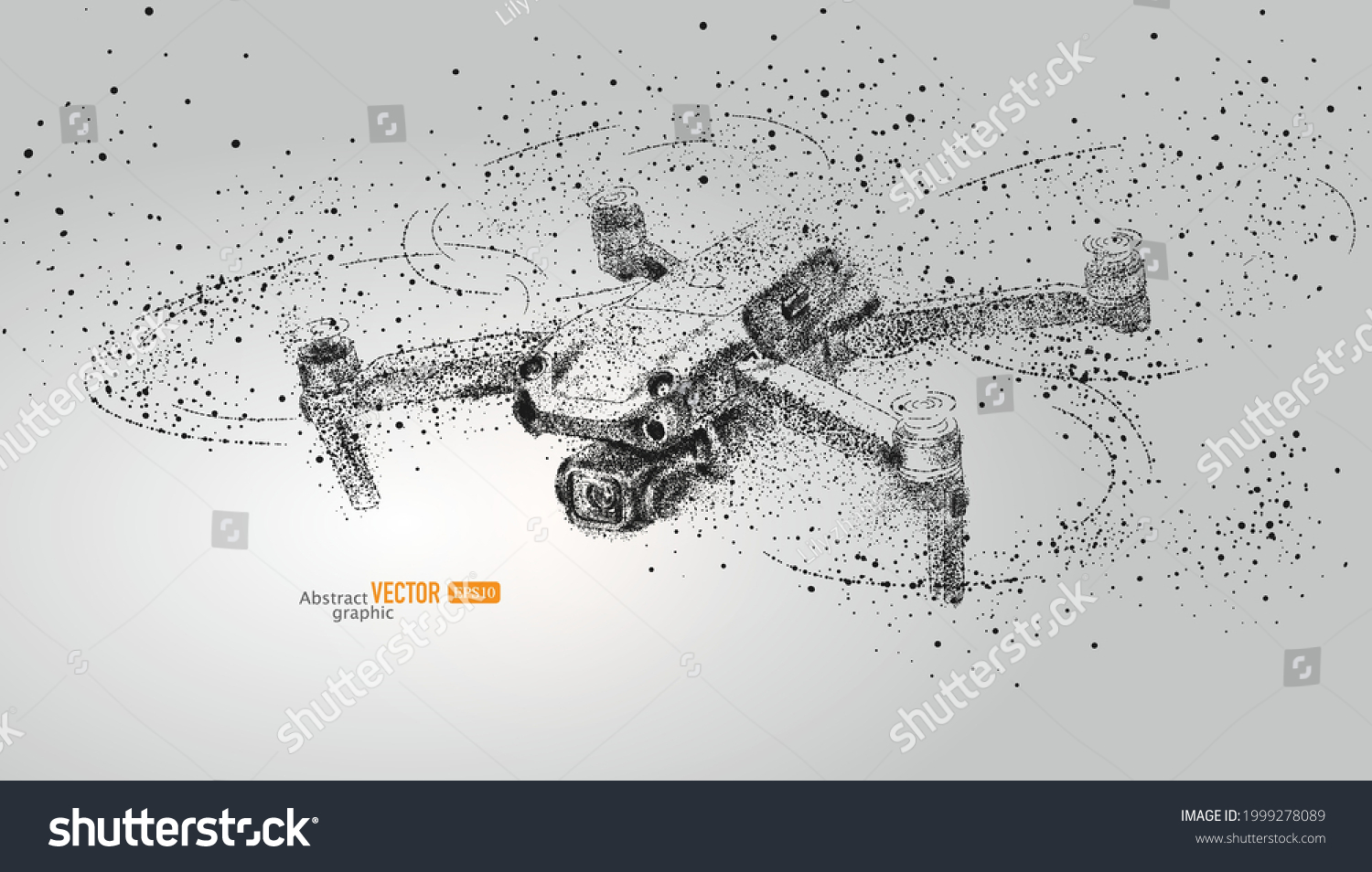 A radio controlled UAV is composed of particles on gray background ...