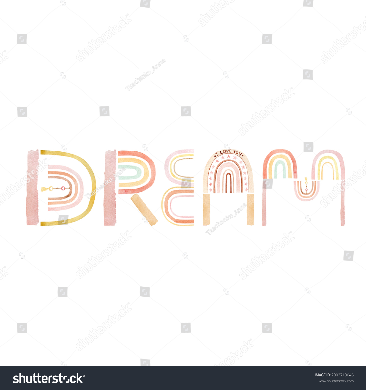 Watercolor Children's alphabet letter text Dream in the style abstract ...