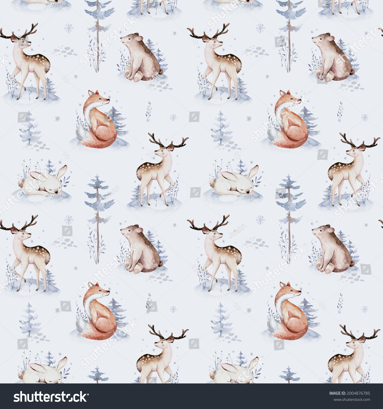 Watercolor winter patterns deer with fawn owl rabbits bear birds on ...