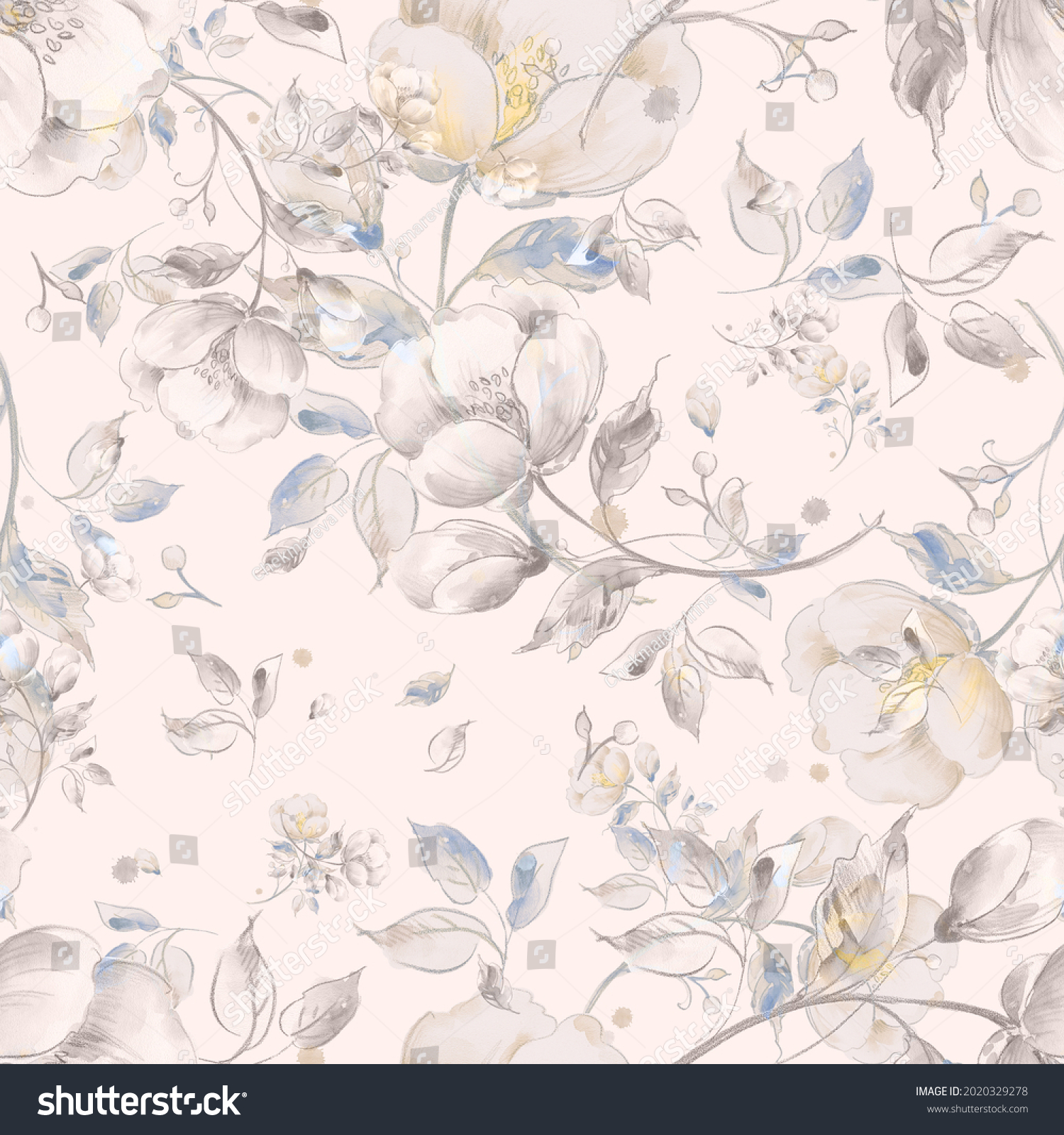 Watercolor seamless pattern of light flowers. Plain background ...