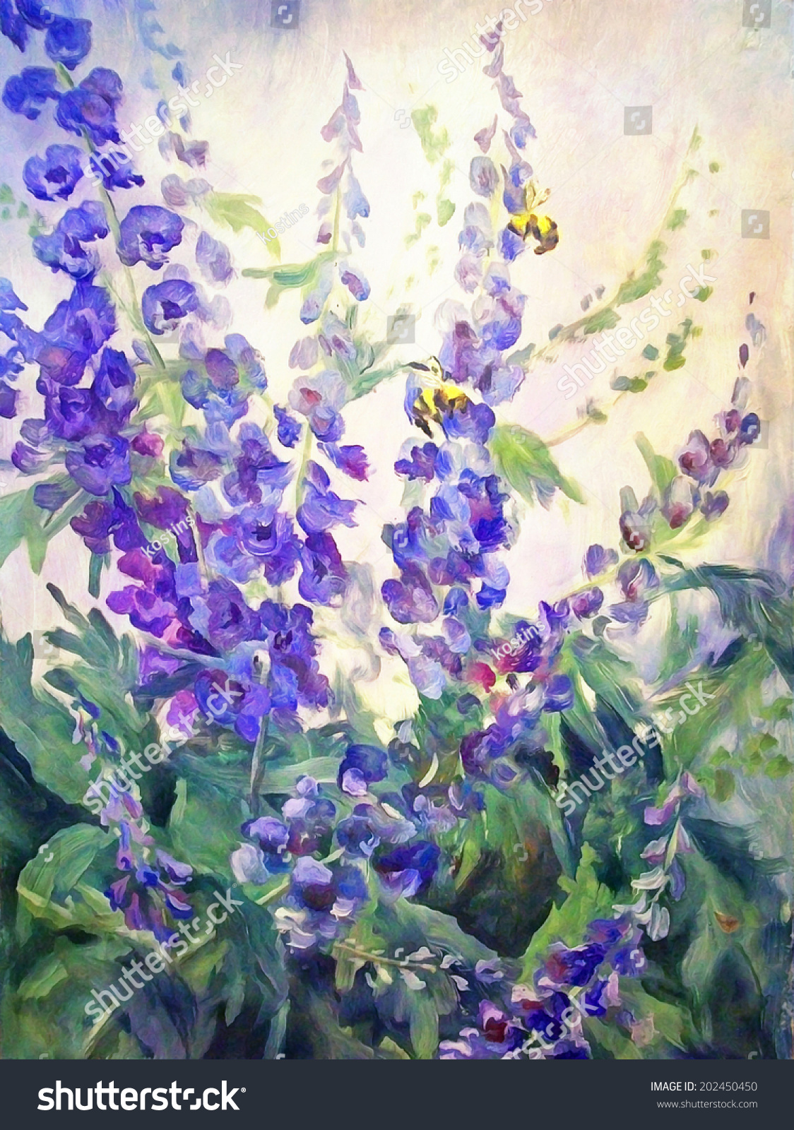 Flowers and bee summer floral oil digital painting landscape with ...