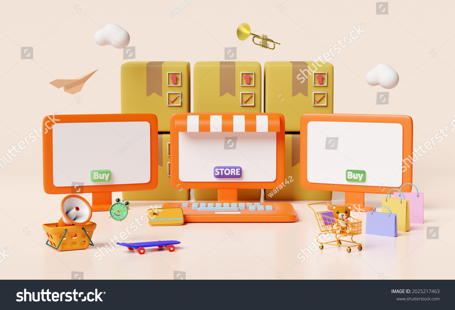 orange computer monitor with store front cart paper bags goods ...