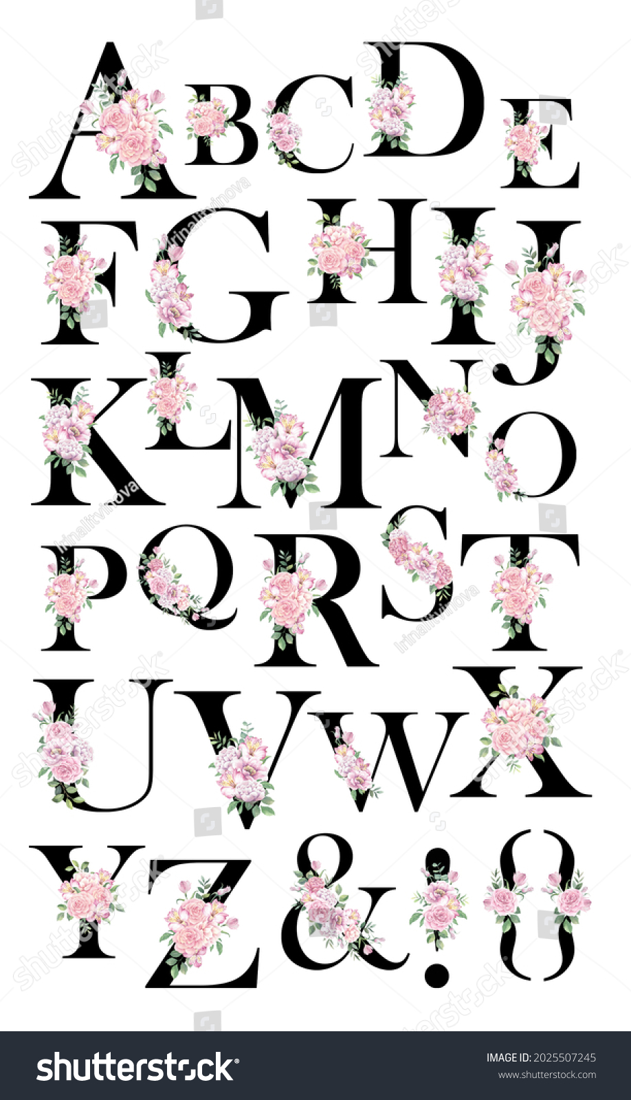 Set of watercolor letters with bouquets for wedding decor alphabet._站酷海 ...