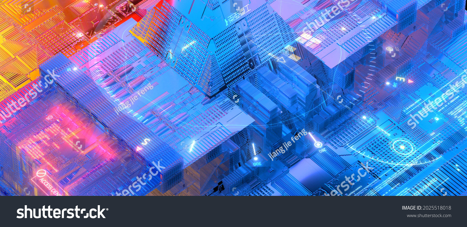 3d render of Science fiction chip neon cyberpunk chip city night ...