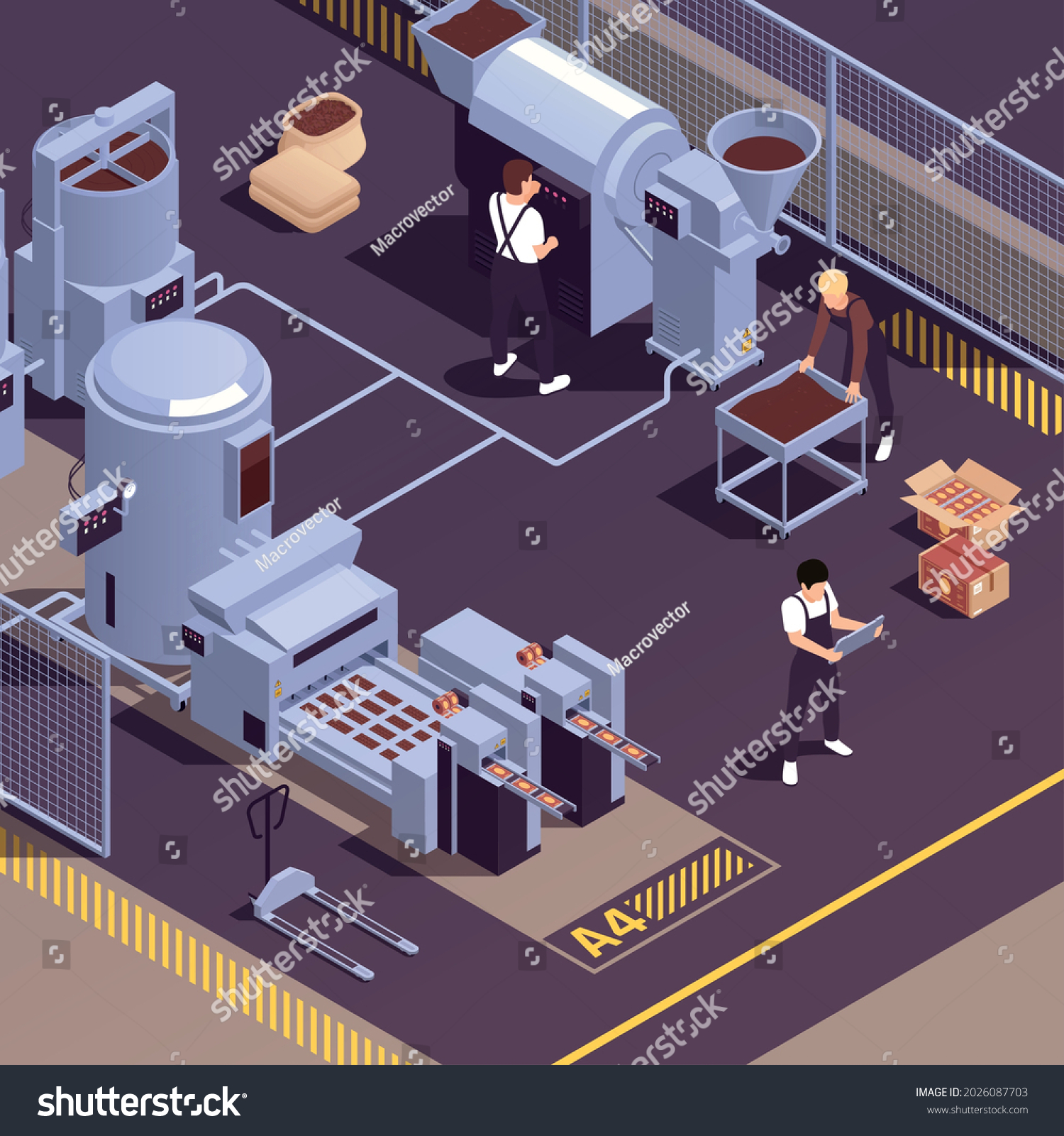 Chocolate manufacturing facility realistic isometric element with operators controlling cocoa ...
