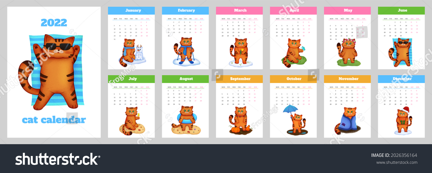 Calendar with a cute ginger cat. Calendar template for the year 2022 ...