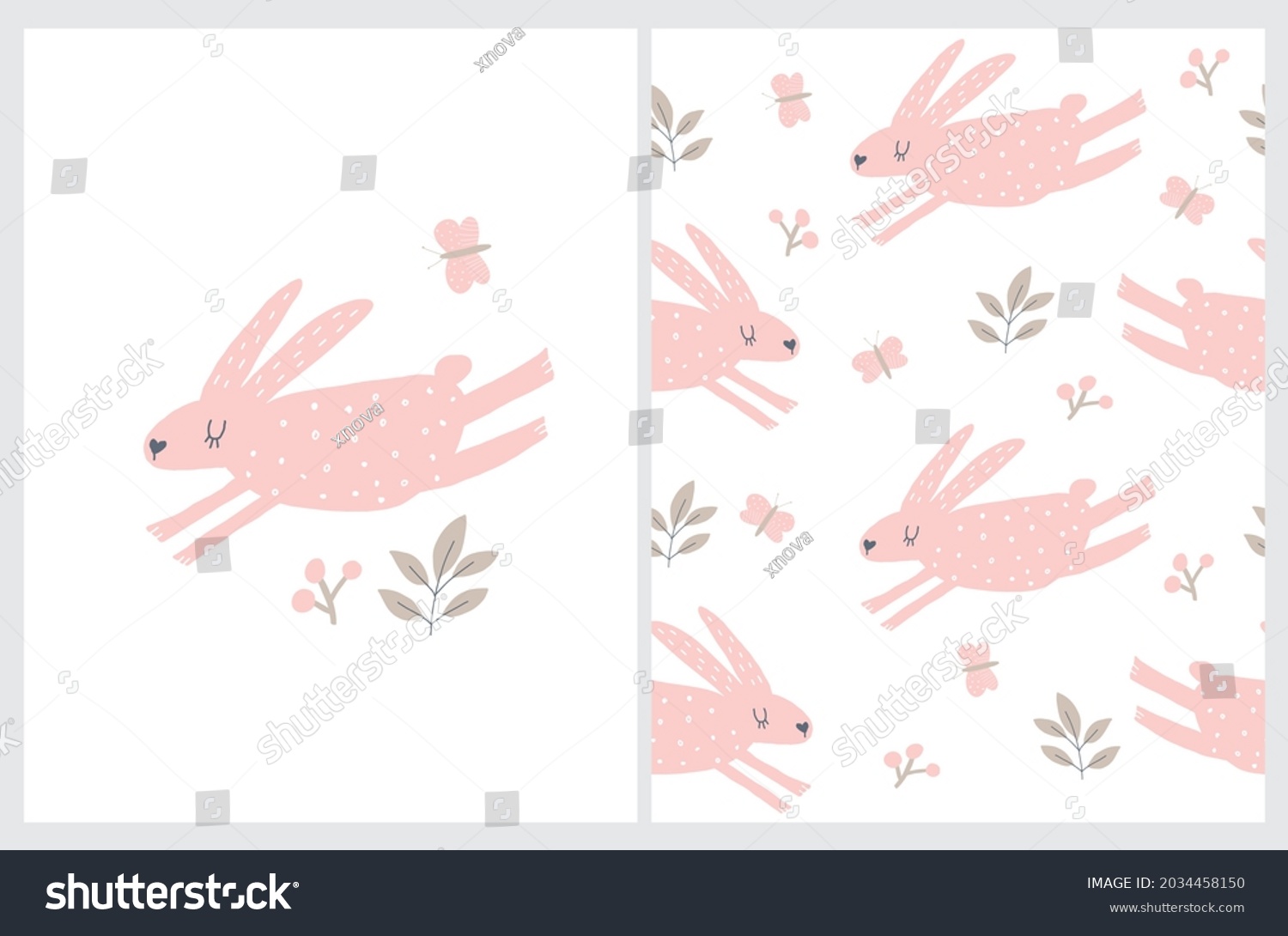 Cute Hand Drawn Nursery Vector Art and Pattern with Jumping Bunnies ...