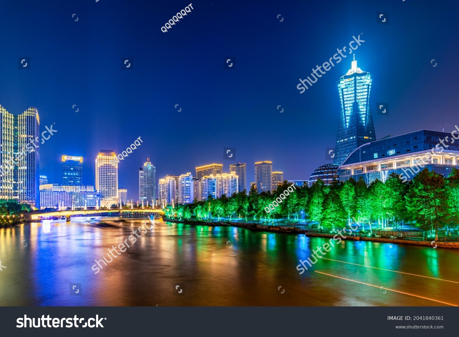 Night view of the global center of the West Lake Cultural Square of the ...