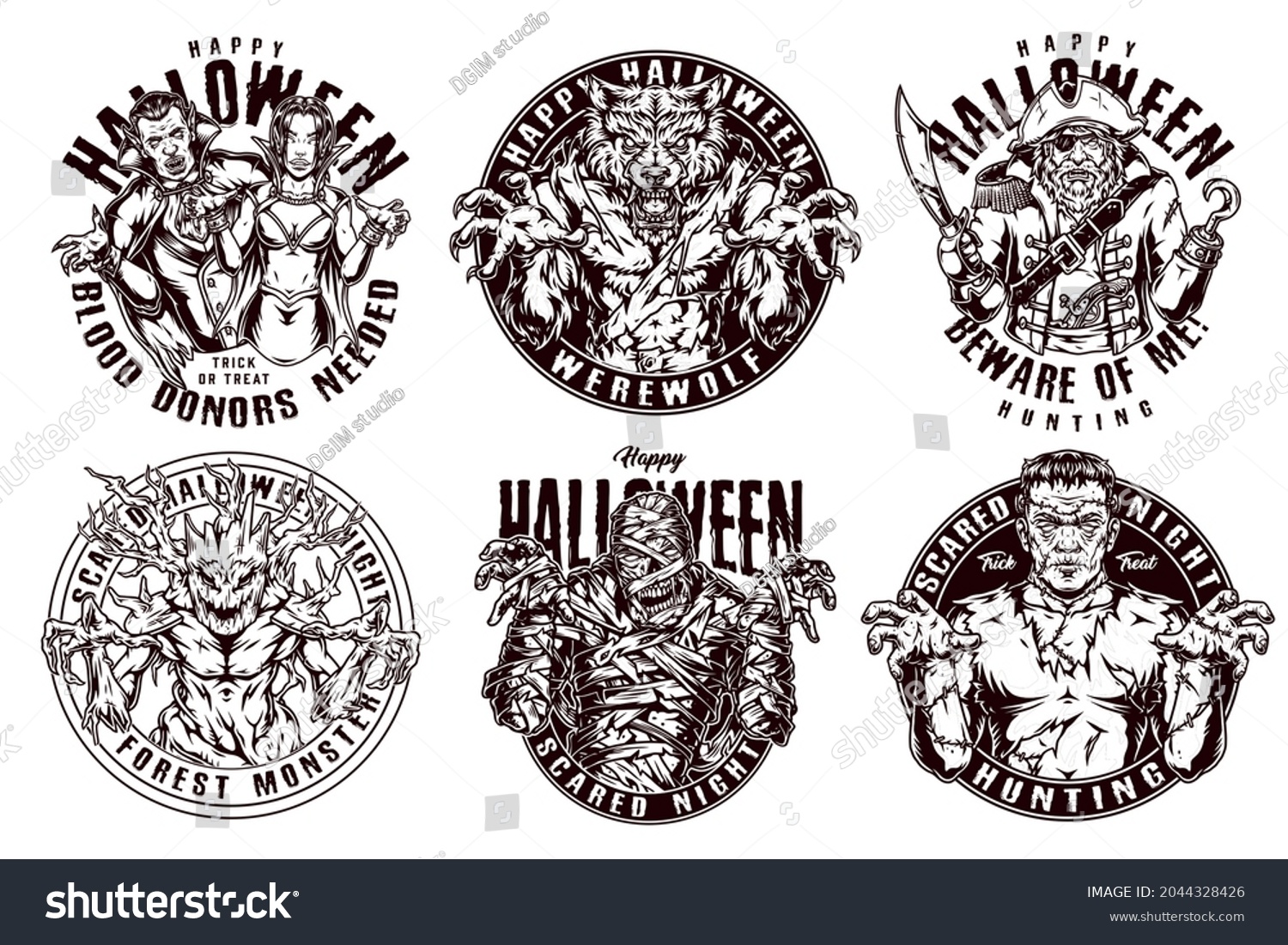 Halloween night vintage labels with spooky evil monsters and creatures ...