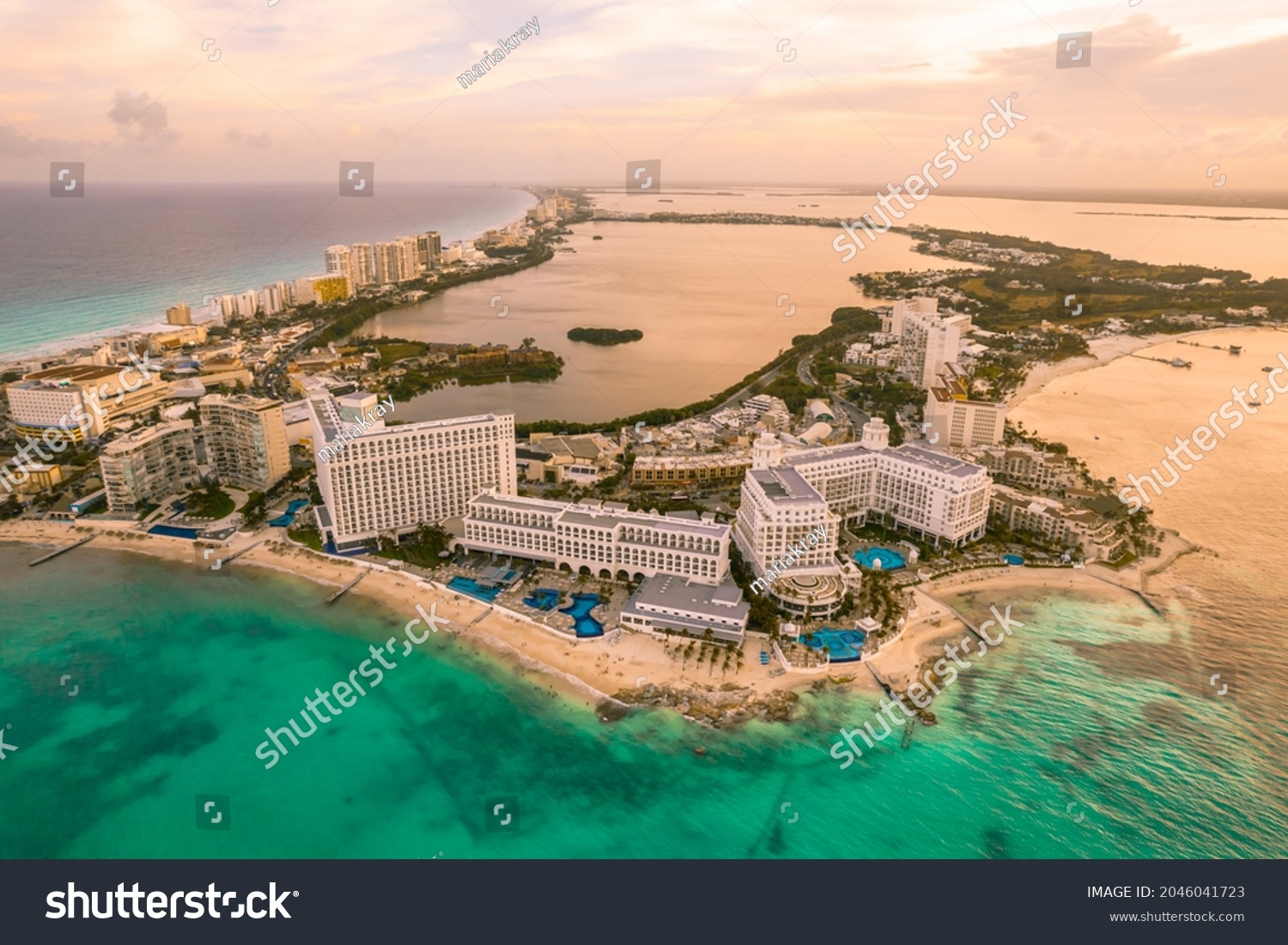 Aerial panoramic view of Cancun beach and city hotel zone in Mexico at ...