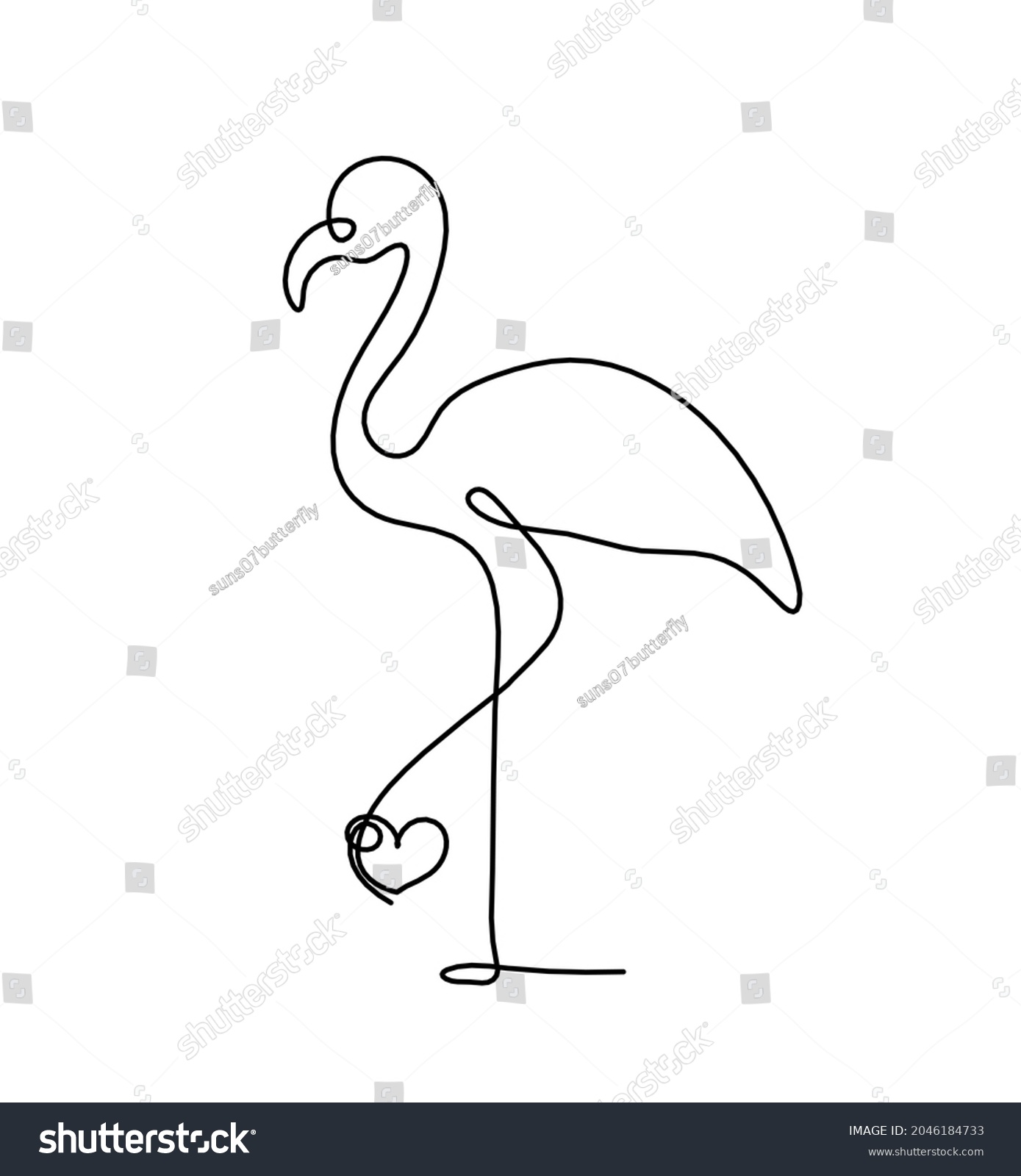 Silhouette of abstract flamingo with heart as line drawing on white_站酷海 ...