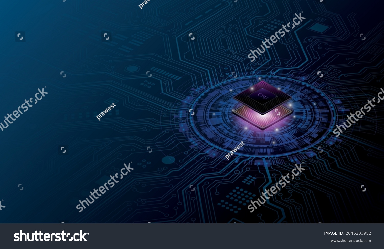 Futuristic microchip processor with lights on the blue background ...