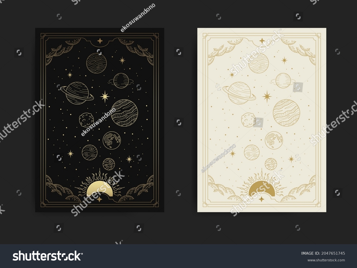 Magical solar system sun planet and starry space in golden engraving ...