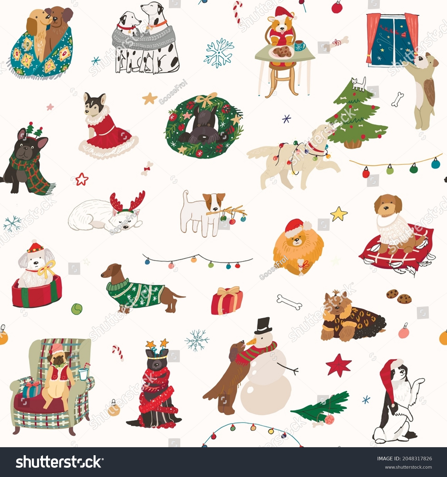 Christmas celebration with dog pets seamless vector pattern_站酷海洛_正版图片 ...