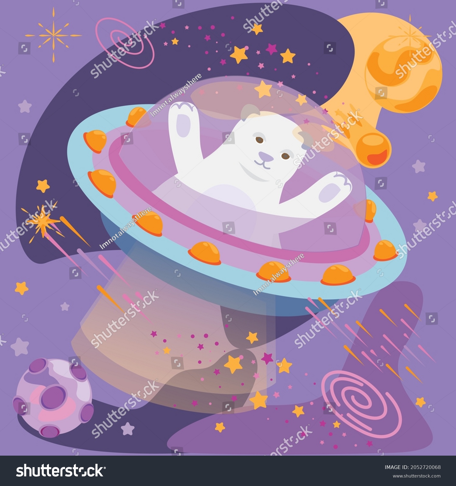 Cute polar bear in space stars comets planets ufo. A teddy bear in a ...