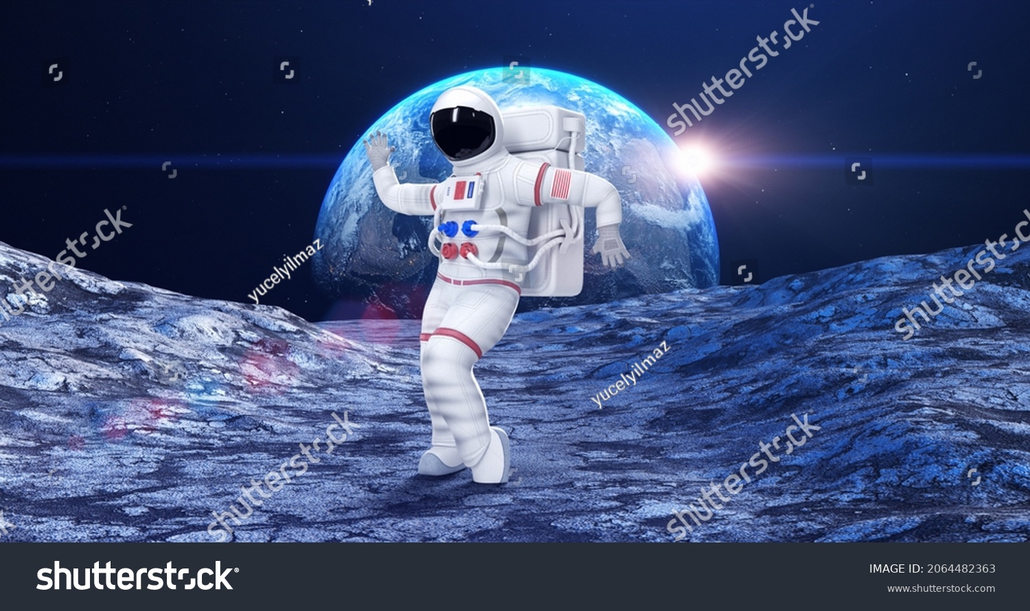 Brave Astronaut Running On A Planet Surface In Slow Motion. Space And ...