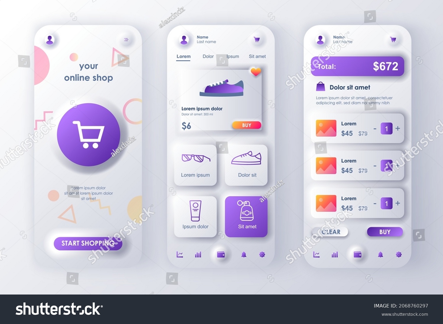 Online shopping concept neumorphic templates set. Store website with ...