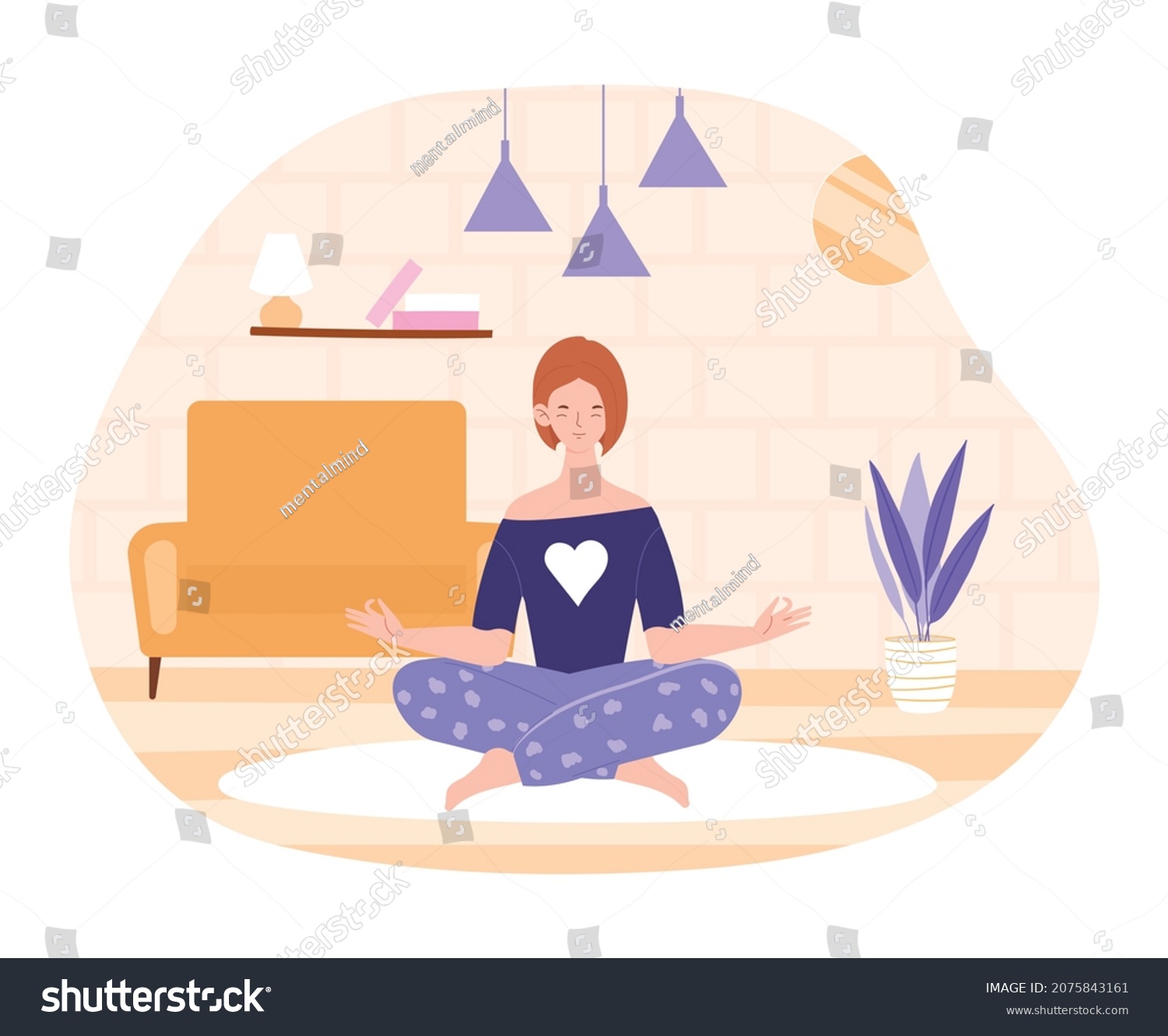 Woman doing yoga in home. Character in lotus position meditation ...