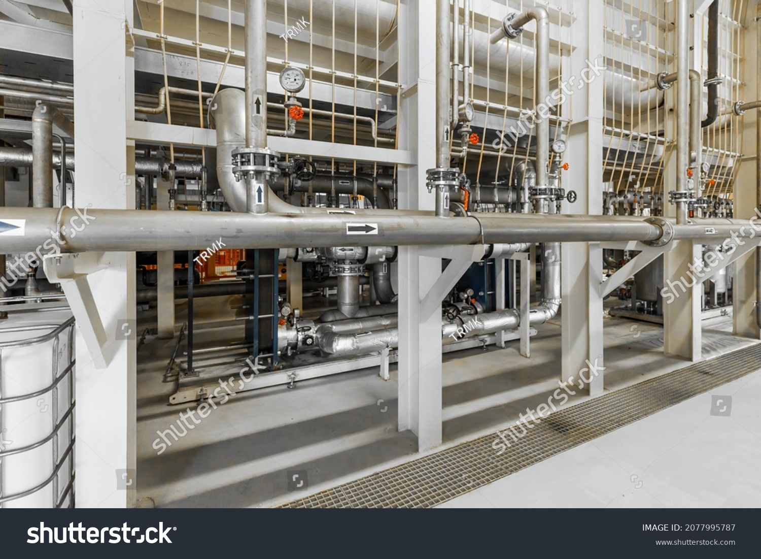 Photo of pipes and tanks. Chemistry and medicine production ...