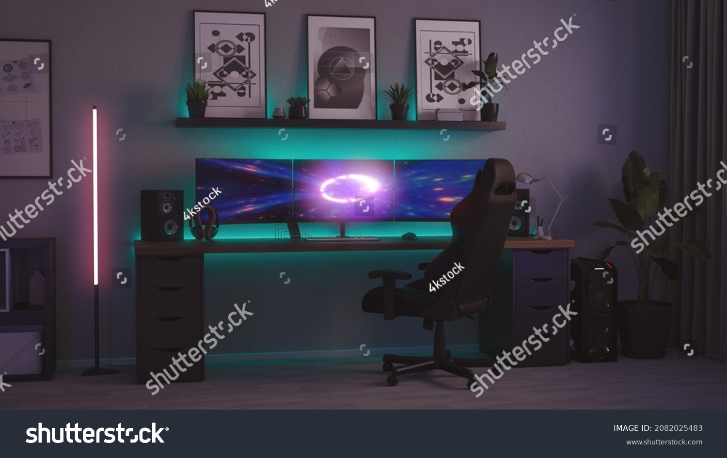 Games room with a cyber gamer computer. 3d rendering image of neon ...