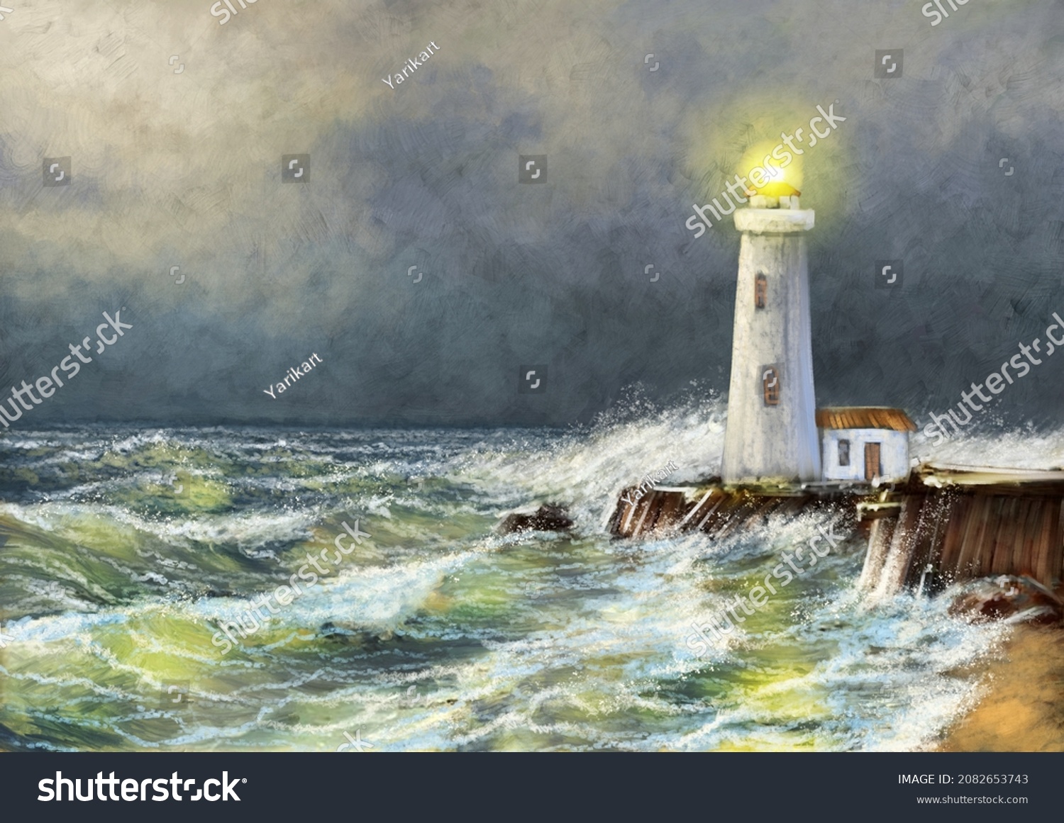 Lighthouse on the coast of the sea. Paintings landscape fine art_站酷海洛 ...