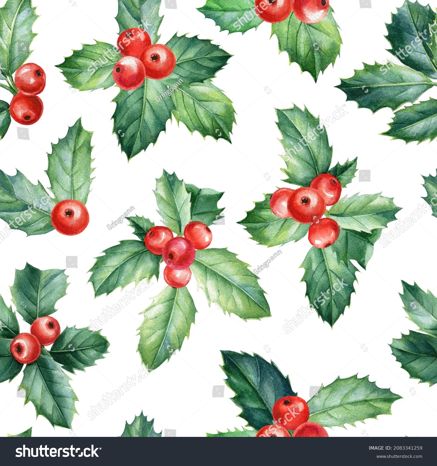 Christmas seamless pattern watercolor illustrations Holly and berry ...