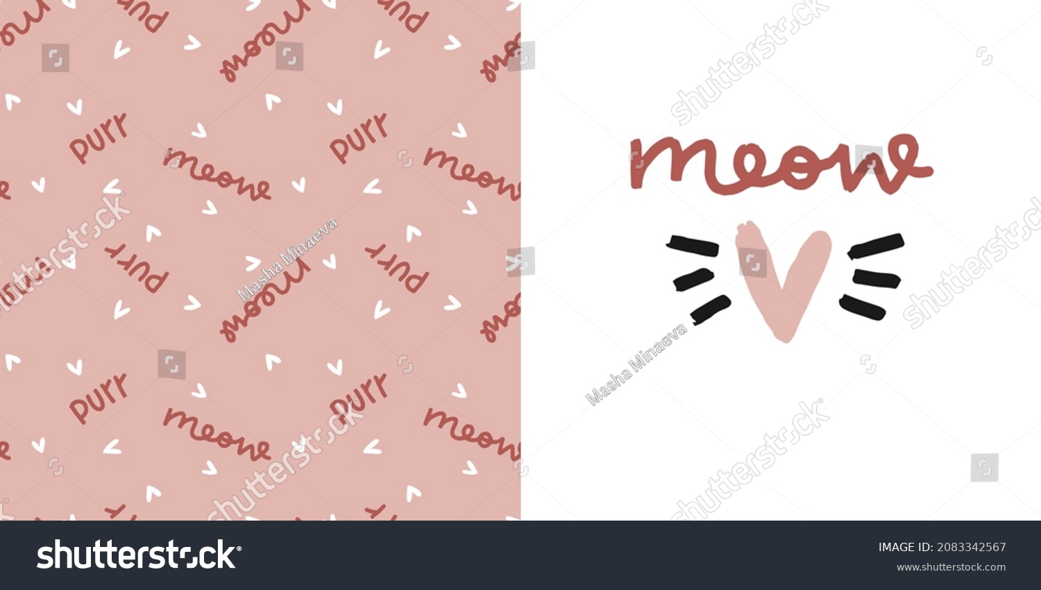 Meow sign heart seamless pattern and accent print with cat sound for ...